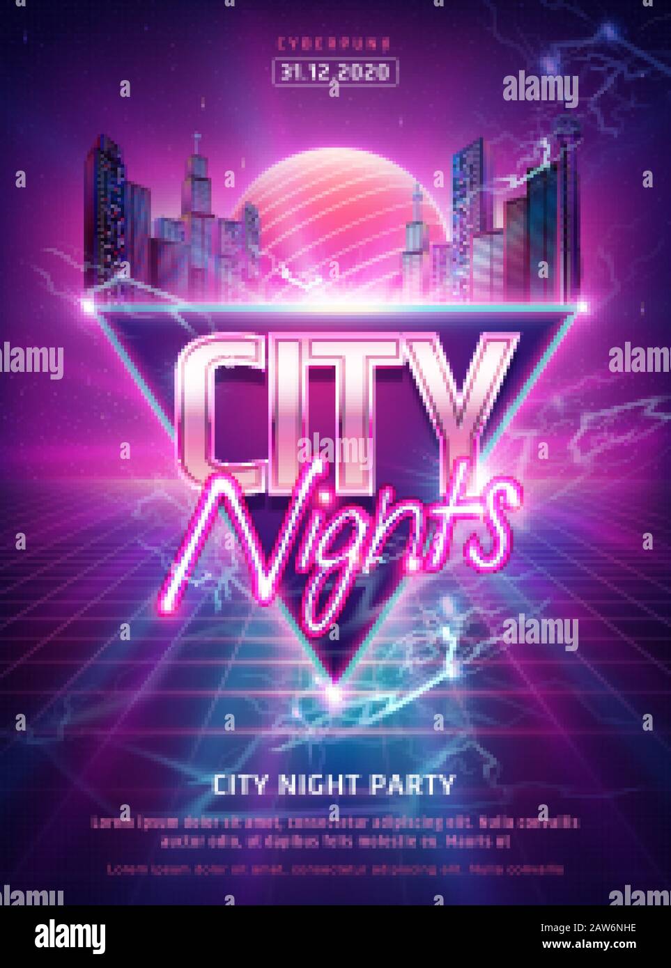 Fancy night party poster in cyberpunk style with skyscrapers on ...