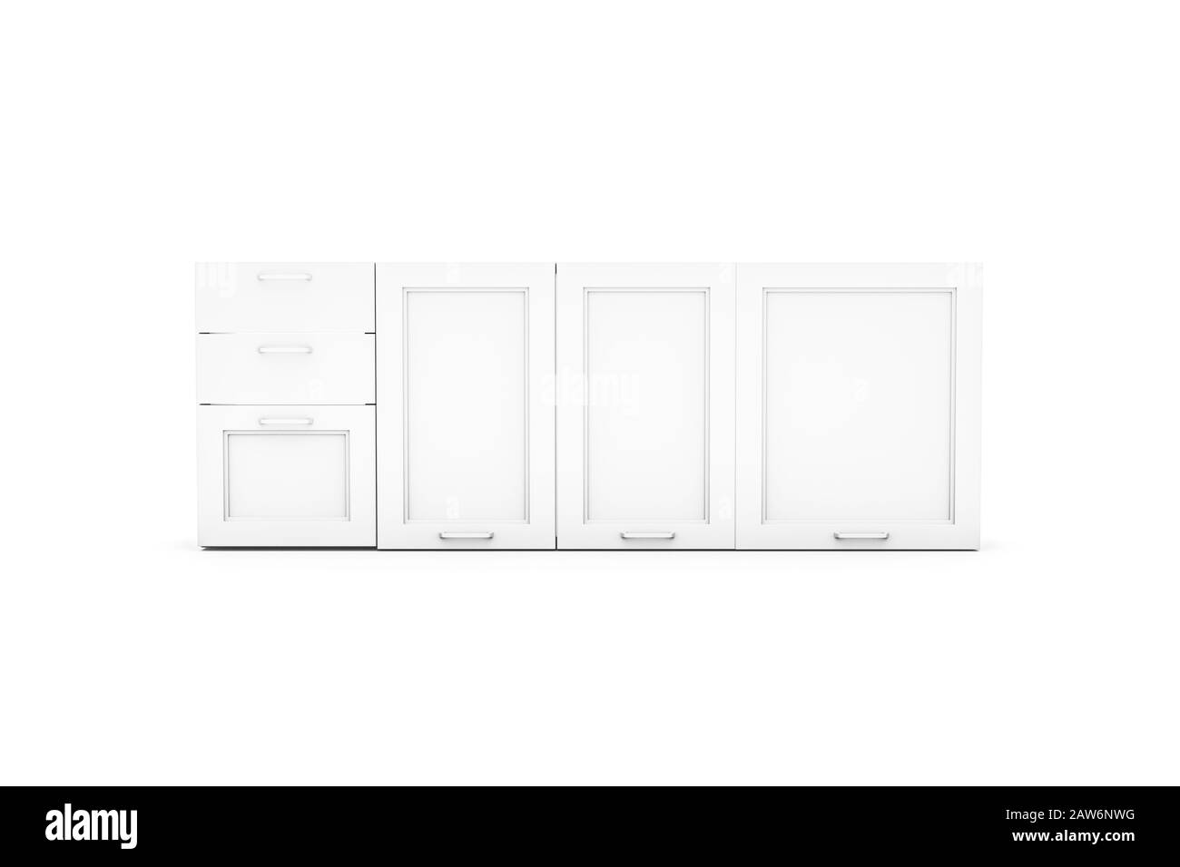 3d rendering of white empty kitchen cabinet design, isolated on white ...