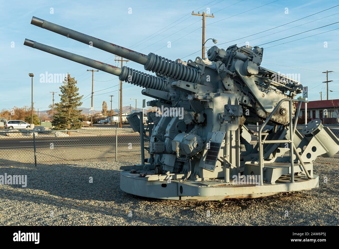 A twin anti-aircraft gun on display Stock Photo - Alamy