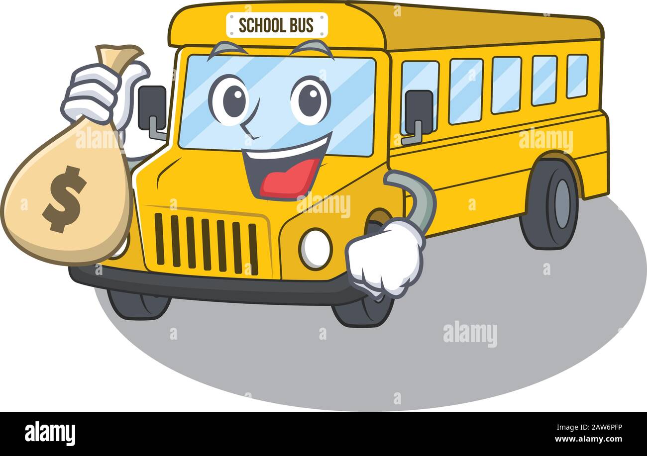Rich and famous school bus cartoon character holding money bag Stock ...