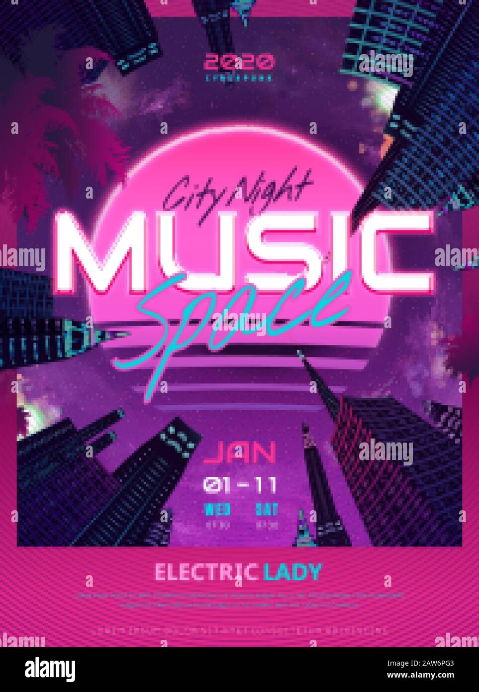 Music party ads in cyberpunk style with low angles urban background ...