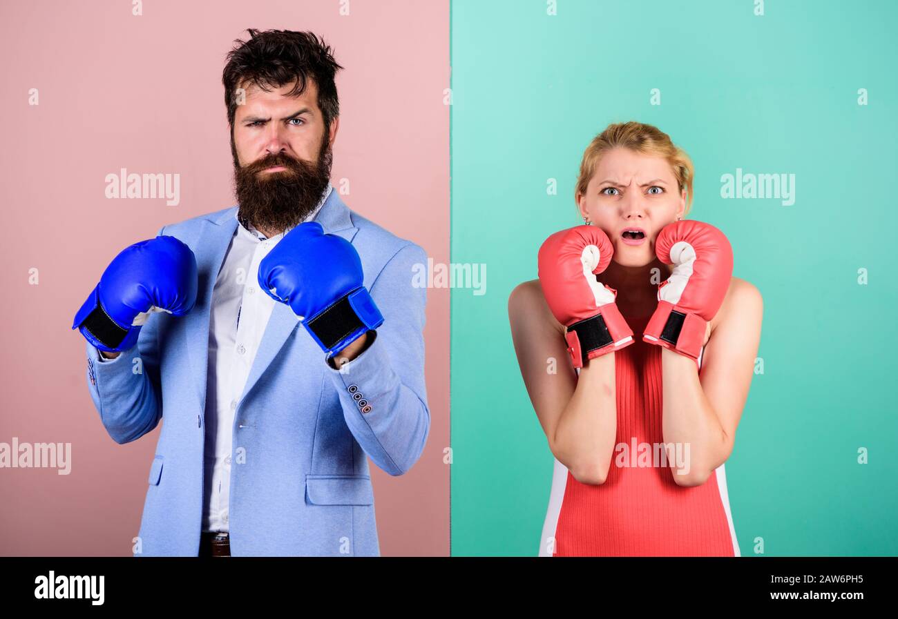 Conflict concept. Man and woman boxing fight. Family life. Complicated ...