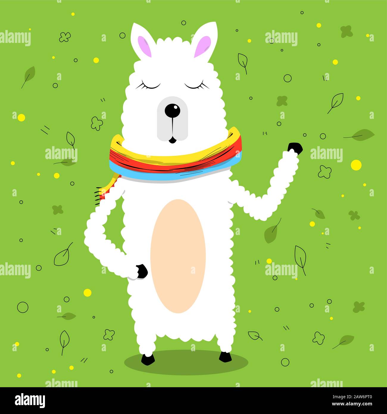 Vector cartoon waving lama wearing a scarf on green background Stock ...