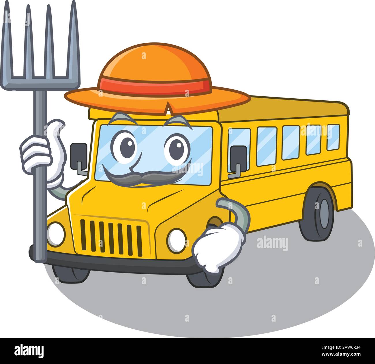 Happy Farmer school bus cartoon picture with hat and tools Stock Vector ...