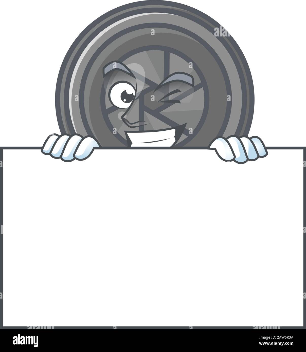 Camera lens cartoon character with funny face hides behind a board ...
