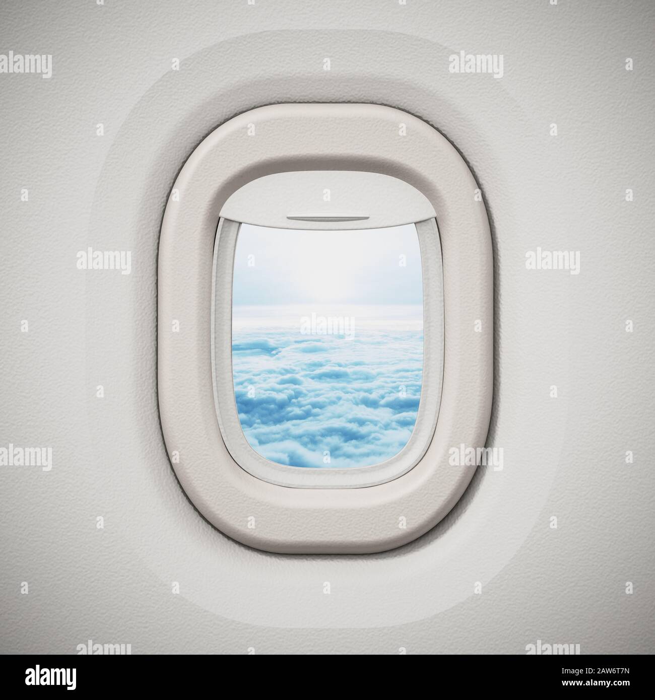 Airplane window looking through the clouds. 3D illustration Stock Photo ...