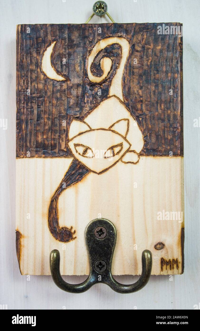 the ancient art of pyrography, wood and fire, curious cat who tries to ...