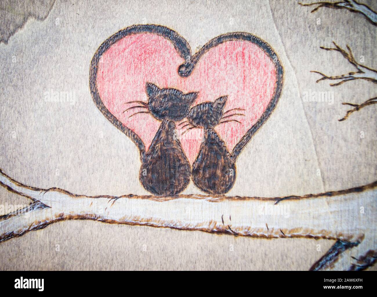 the ancient art of pyrography, wood and fire, cats and hearts forever ...