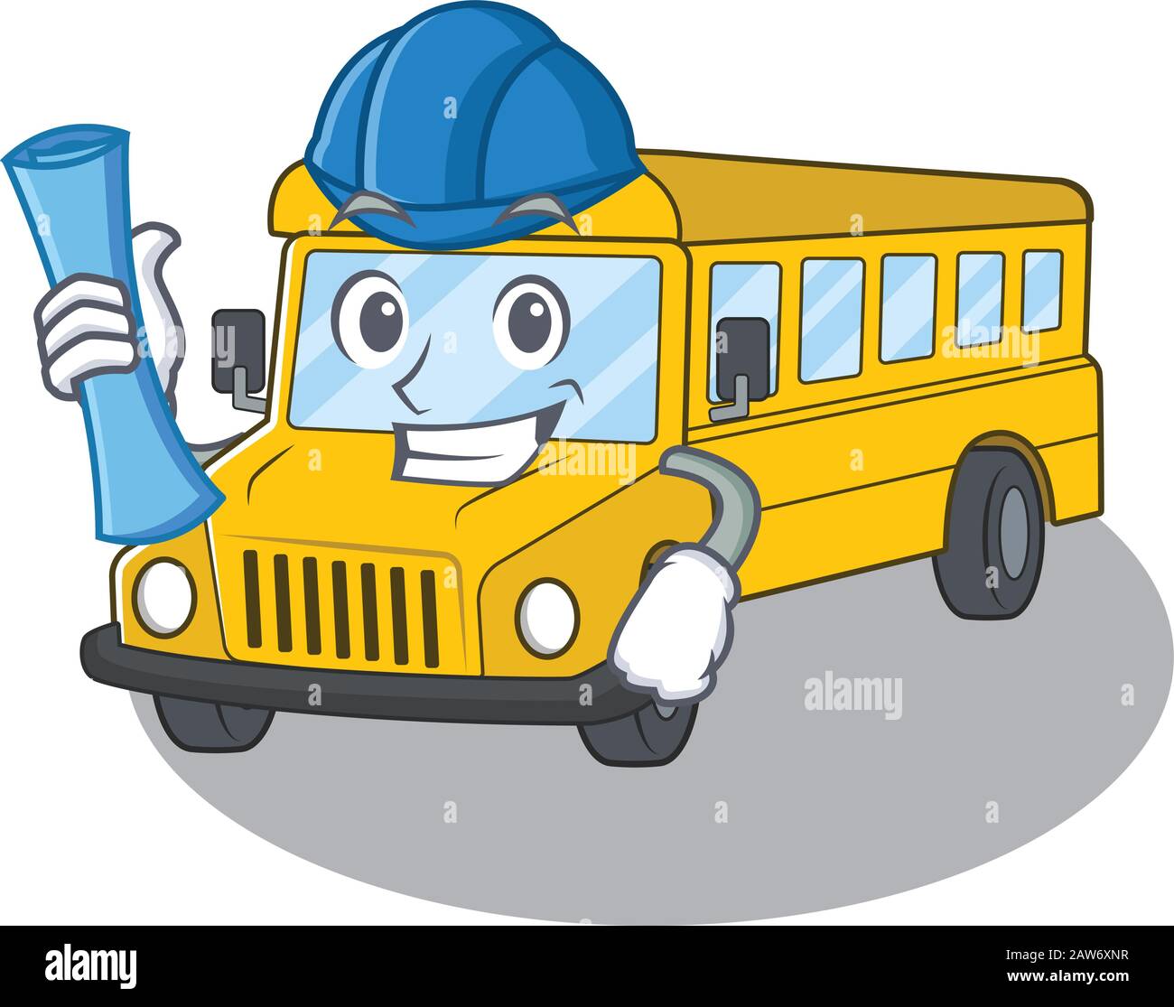 A success of school bus Architect having blue prints and blue helmet ...