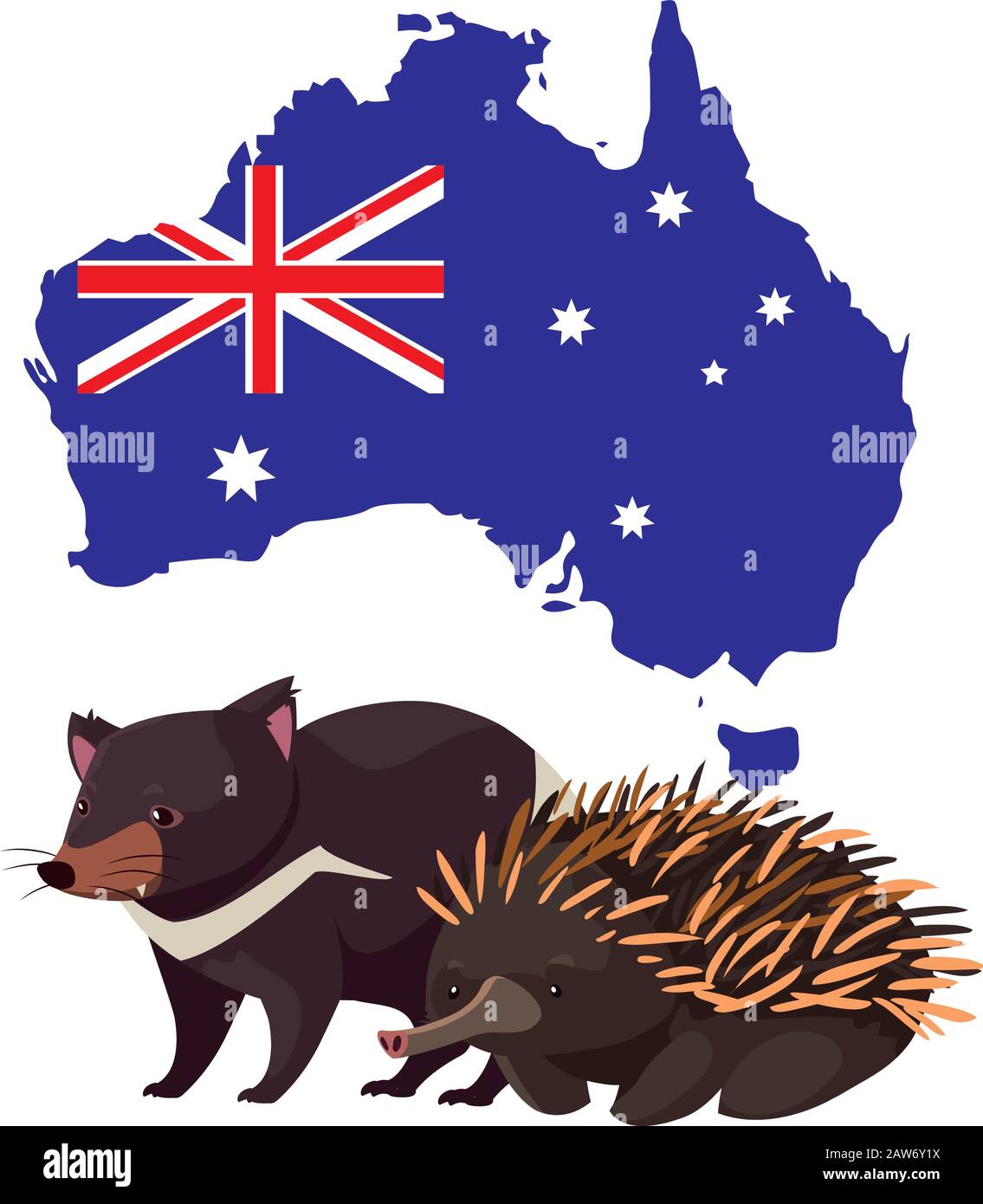 tasmanian devil and echidna with map of australia in the background ...