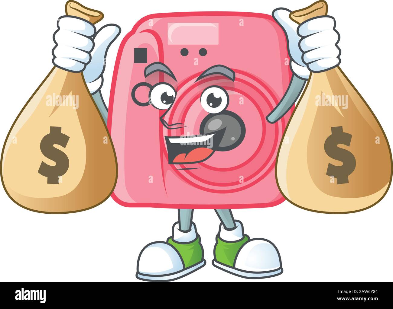 A cute image of instan camera cartoon character holding money bags ...