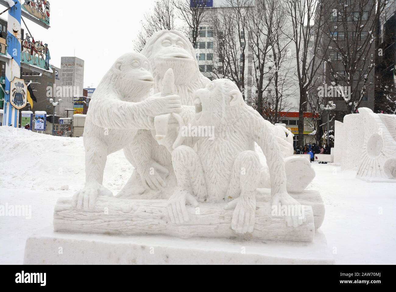 Photo taken in Sapporo, Japan, on Feb. 7, 2020, shows a snow statue ...