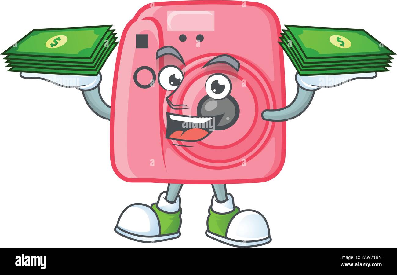 rich and famous instan camera cartoon character with money on hands ...