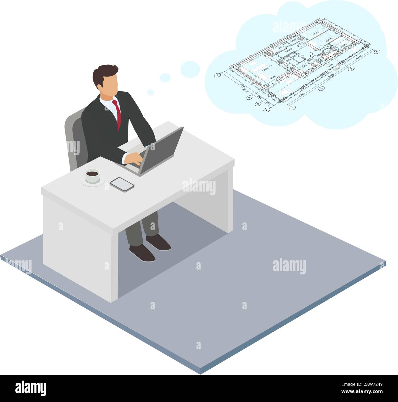 Vector isometric architect sitting at the desk in the office and ...