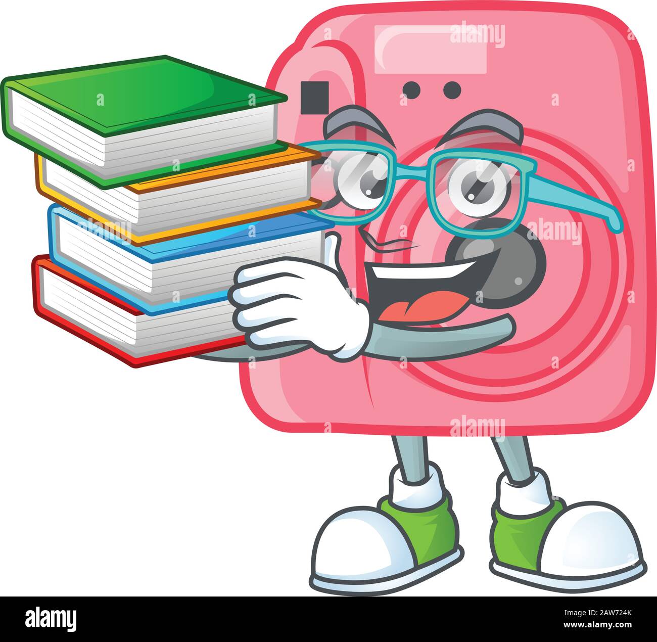 A brainy clever cartoon character of instan camera studying with some ...