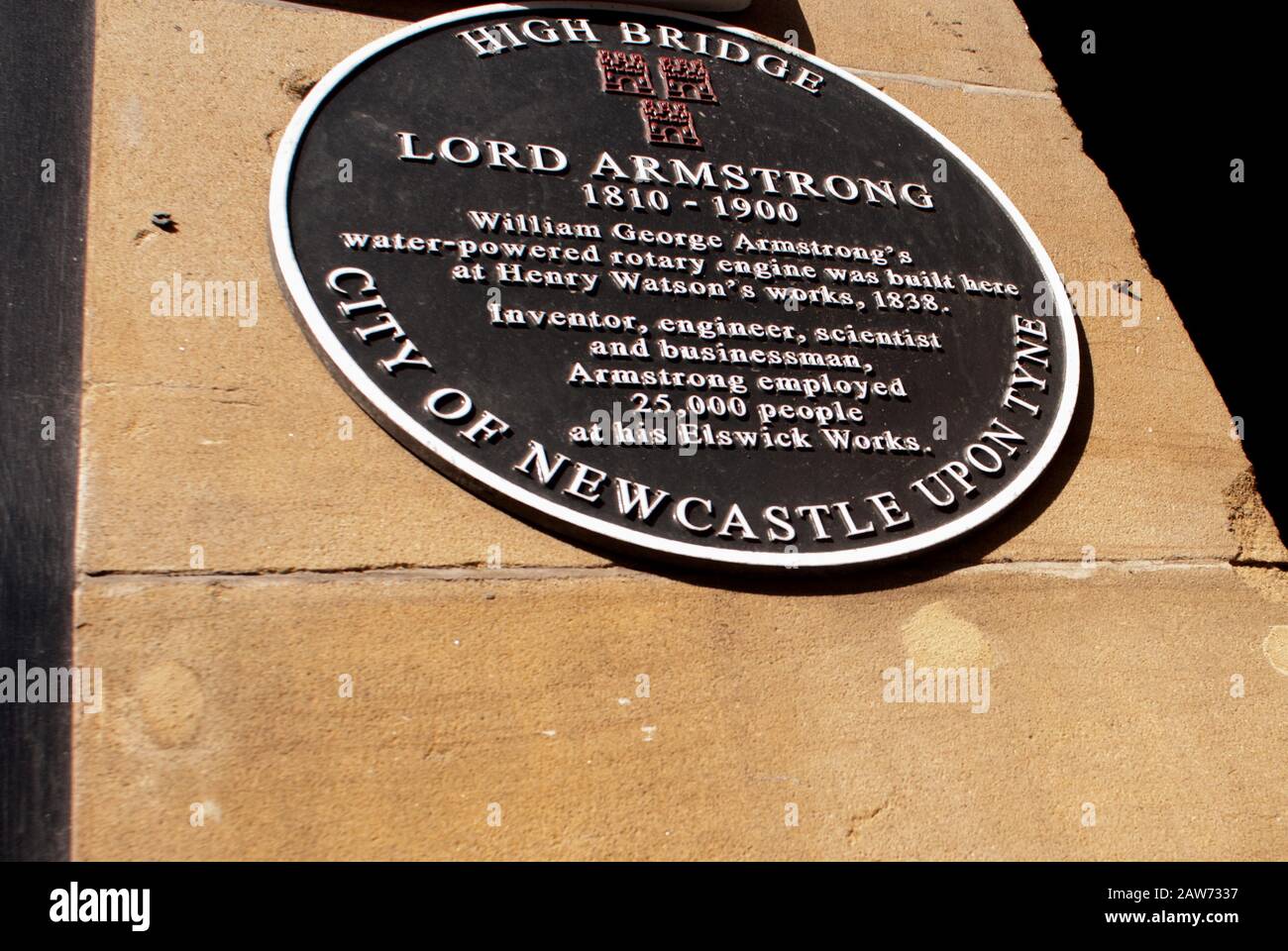 Plaque commemorating the achievments of Lord Armstrong, Newcastle-upon ...