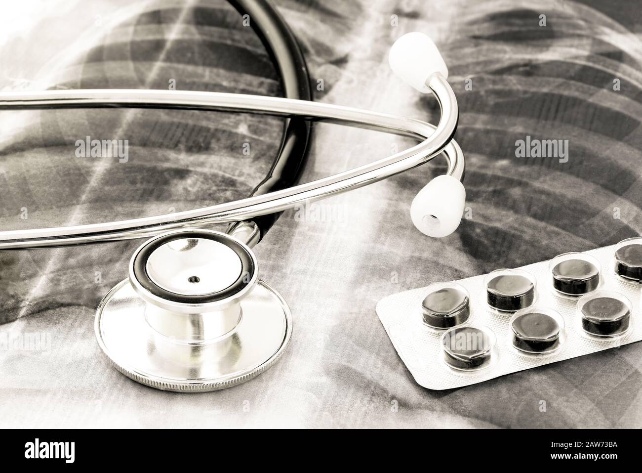 Pneumonia virus stethoscope medicine lung snapshot with pills Stock ...