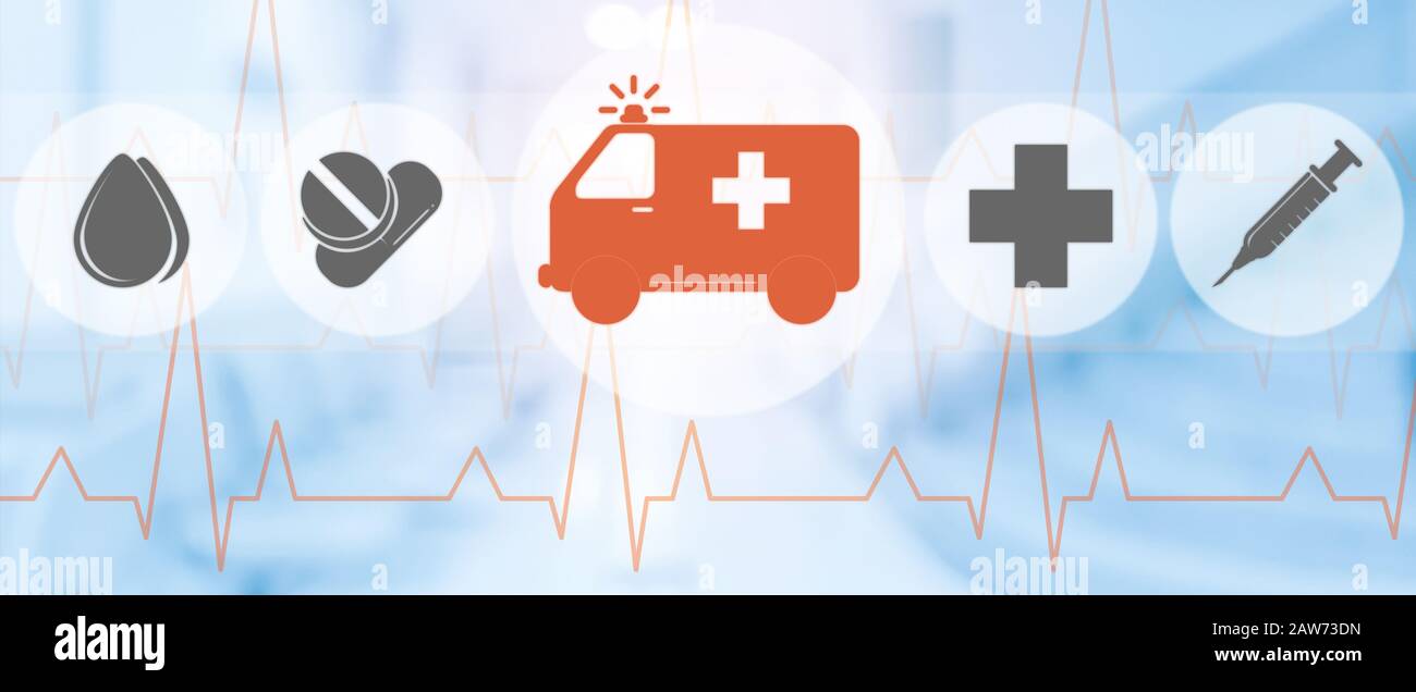 Ambulance and emergency service icon on blue background. Medical ...