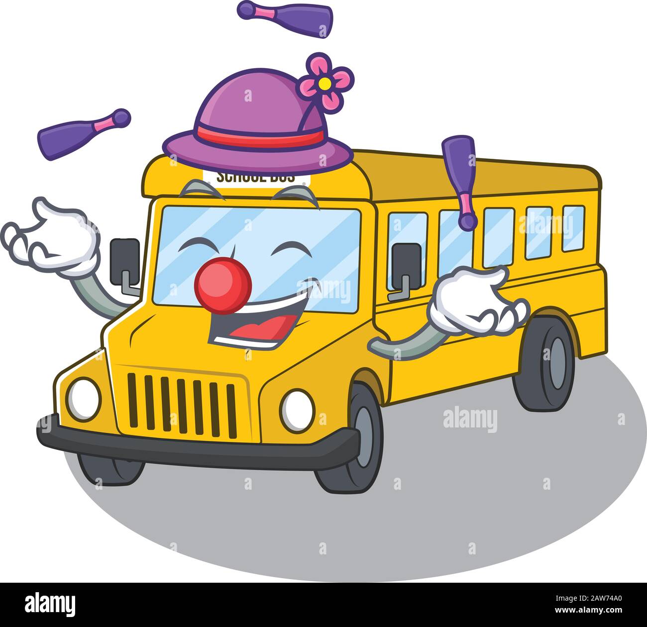 a lively school bus cartoon character design playing Juggling Stock ...