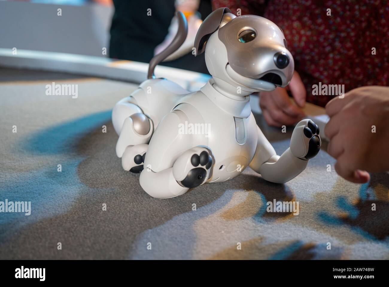 Shenzhen, China, April, 2019. AIBO robot on display at Sony Expo 2019. AIBO (stylized aibo ...