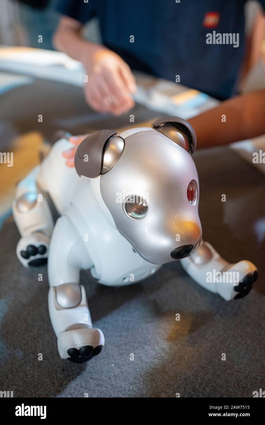 Shenzhen, China, April, 2019. AIBO robot on display at Sony Expo 2019. AIBO (stylized aibo ...