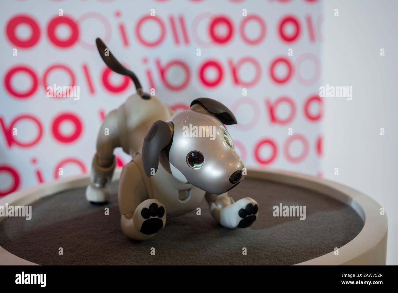 Shenzhen, China, April, 2019. AIBO robot on display at Sony Expo 2019. AIBO (stylized aibo ...