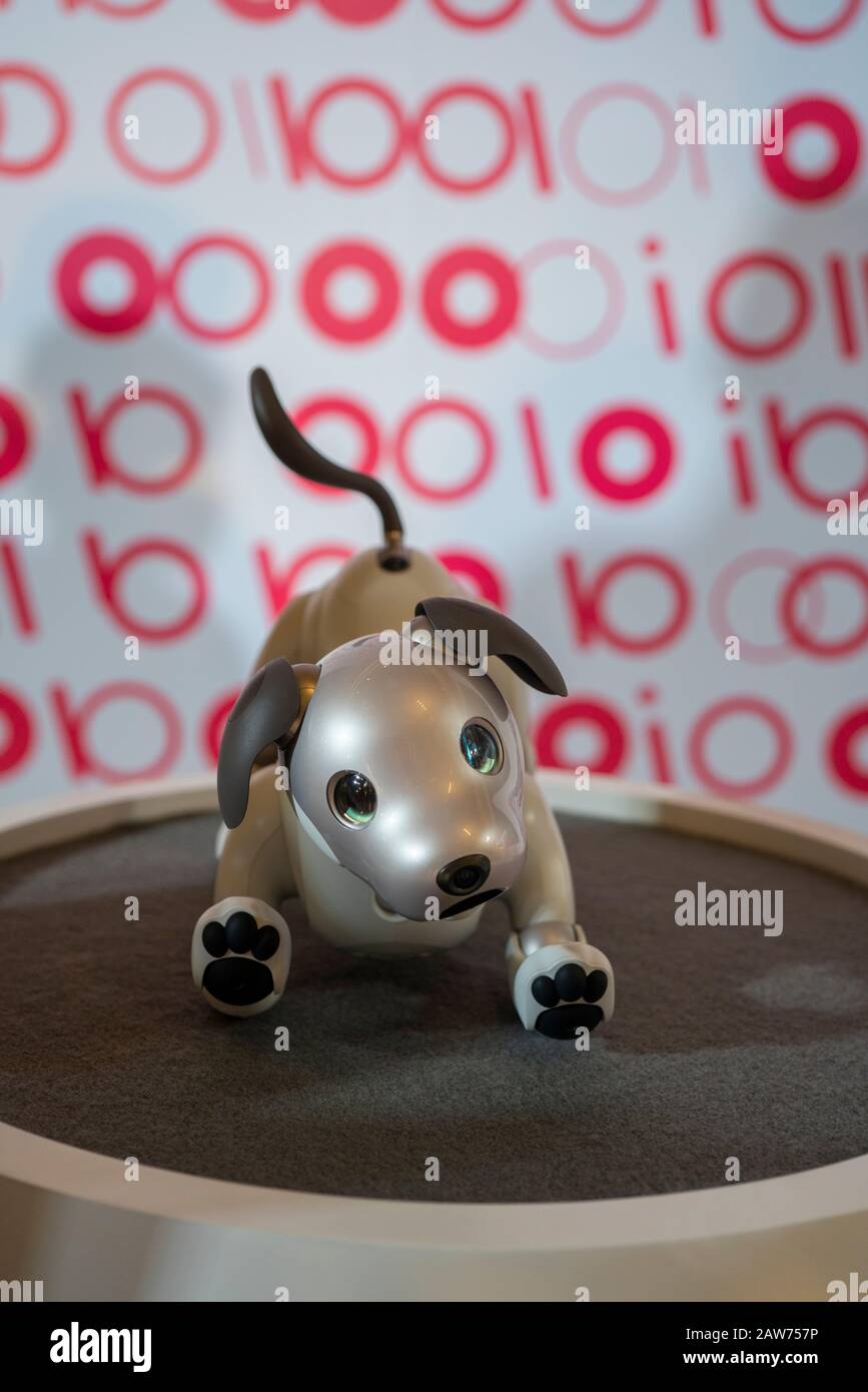 Shenzhen, China, April, 2019. AIBO robot on display at Sony Expo 2019 ...