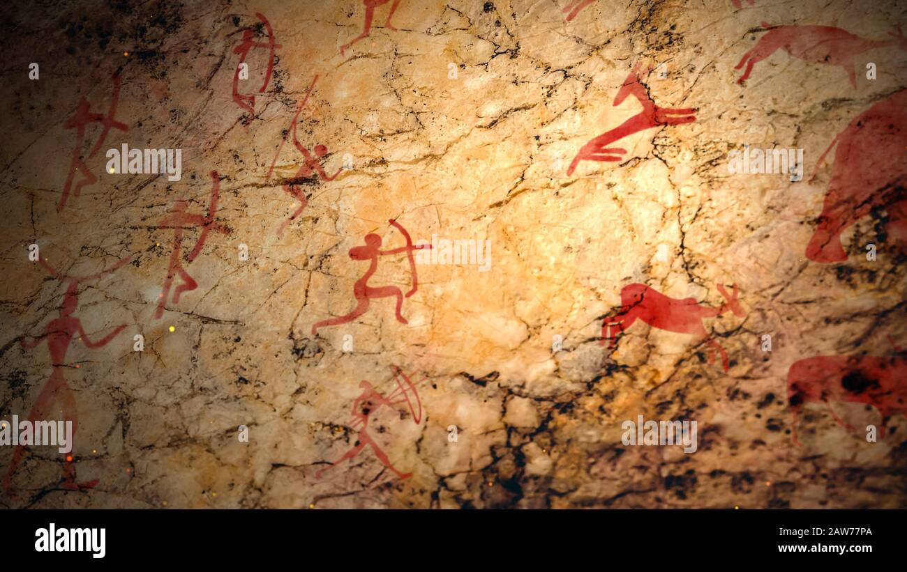 Wonderful 3d rendering of primitive ancient art on a cave wall with ...