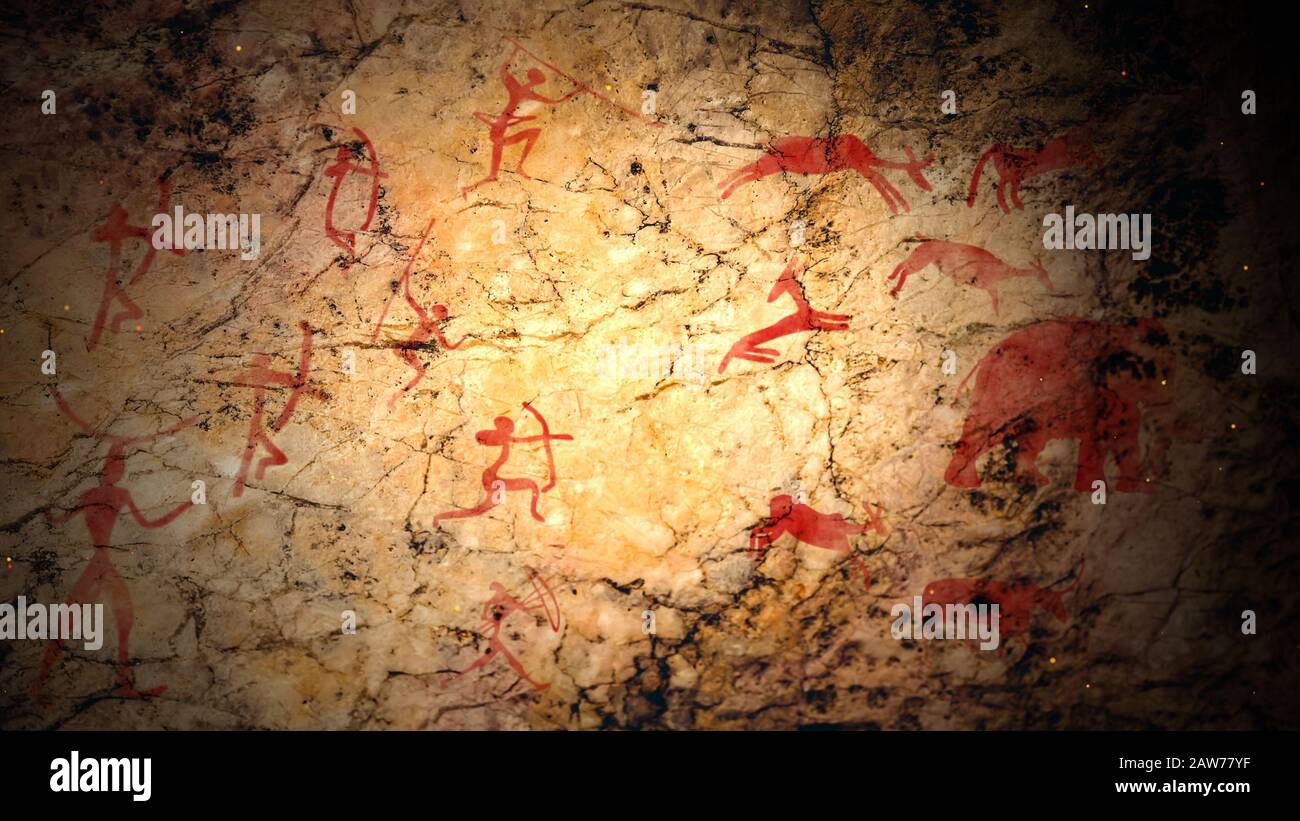 Gorgeous 3d illustration of primitive ancient art on a cave surface ...