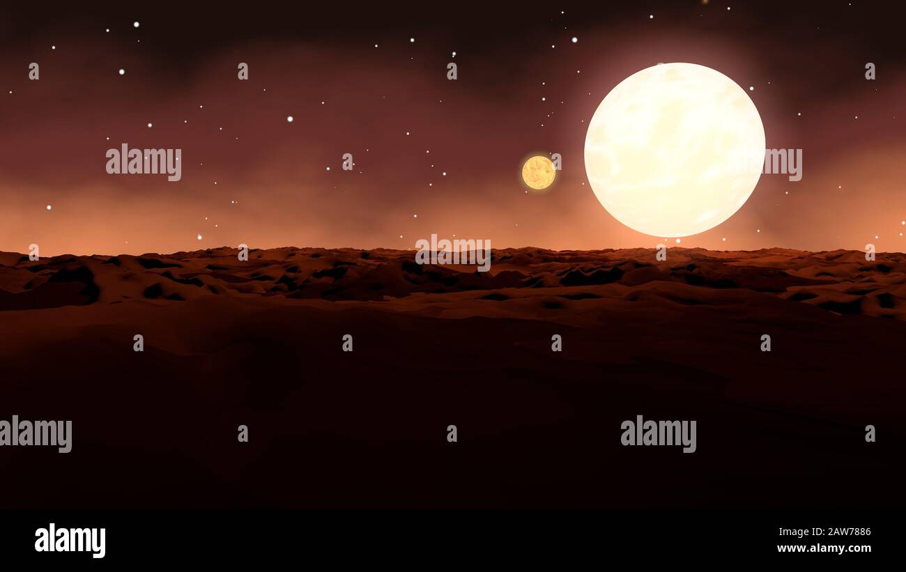 Enigmatic 3d illustration of a dark brown scenery of Mars with a huge ...