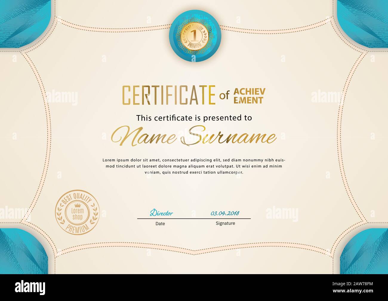 Official beige certificate with gold turquoise triangles. Business ...
