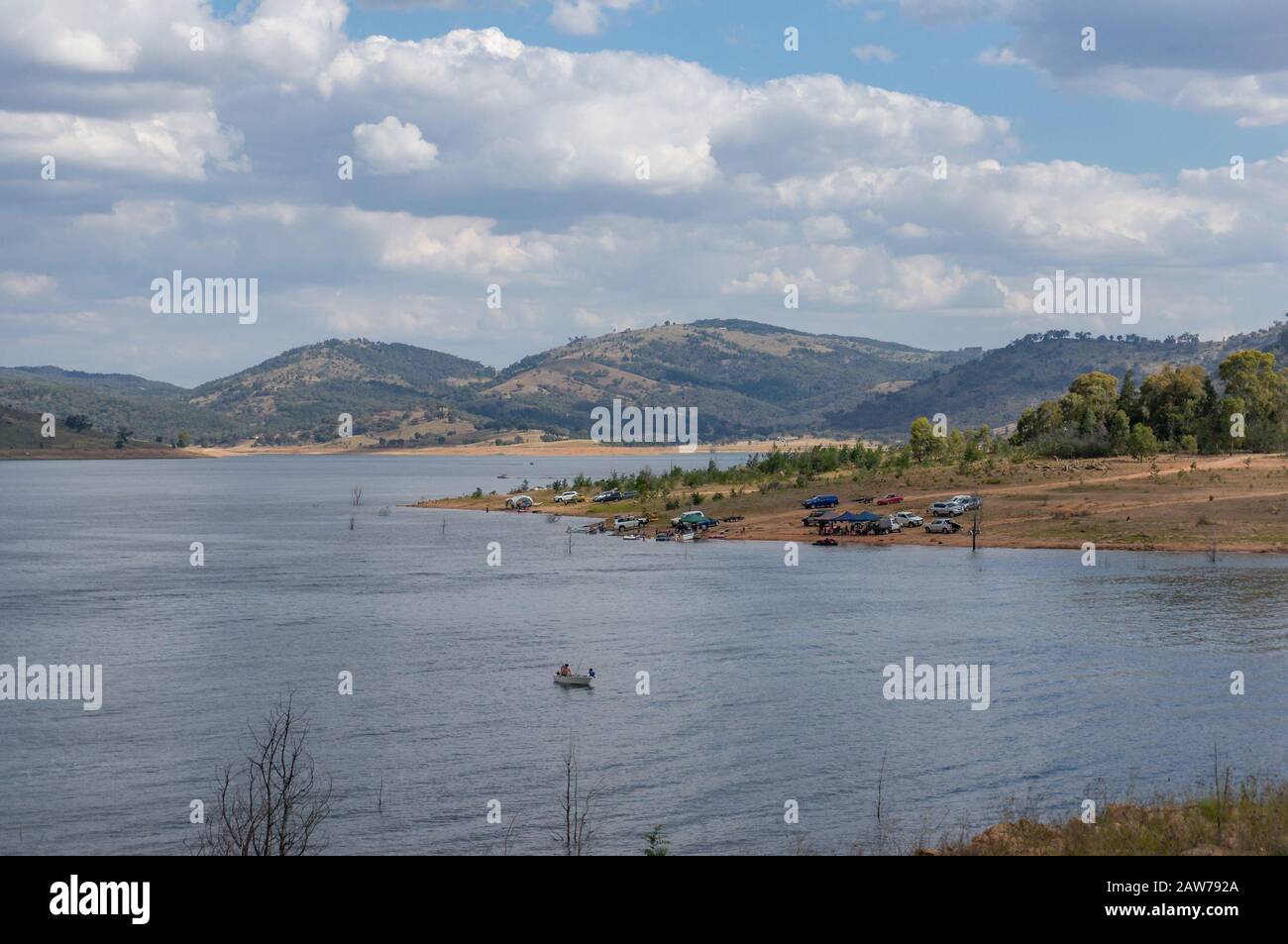 Nature landscape of lake, dam with people fishing. Wyangala nature park ...