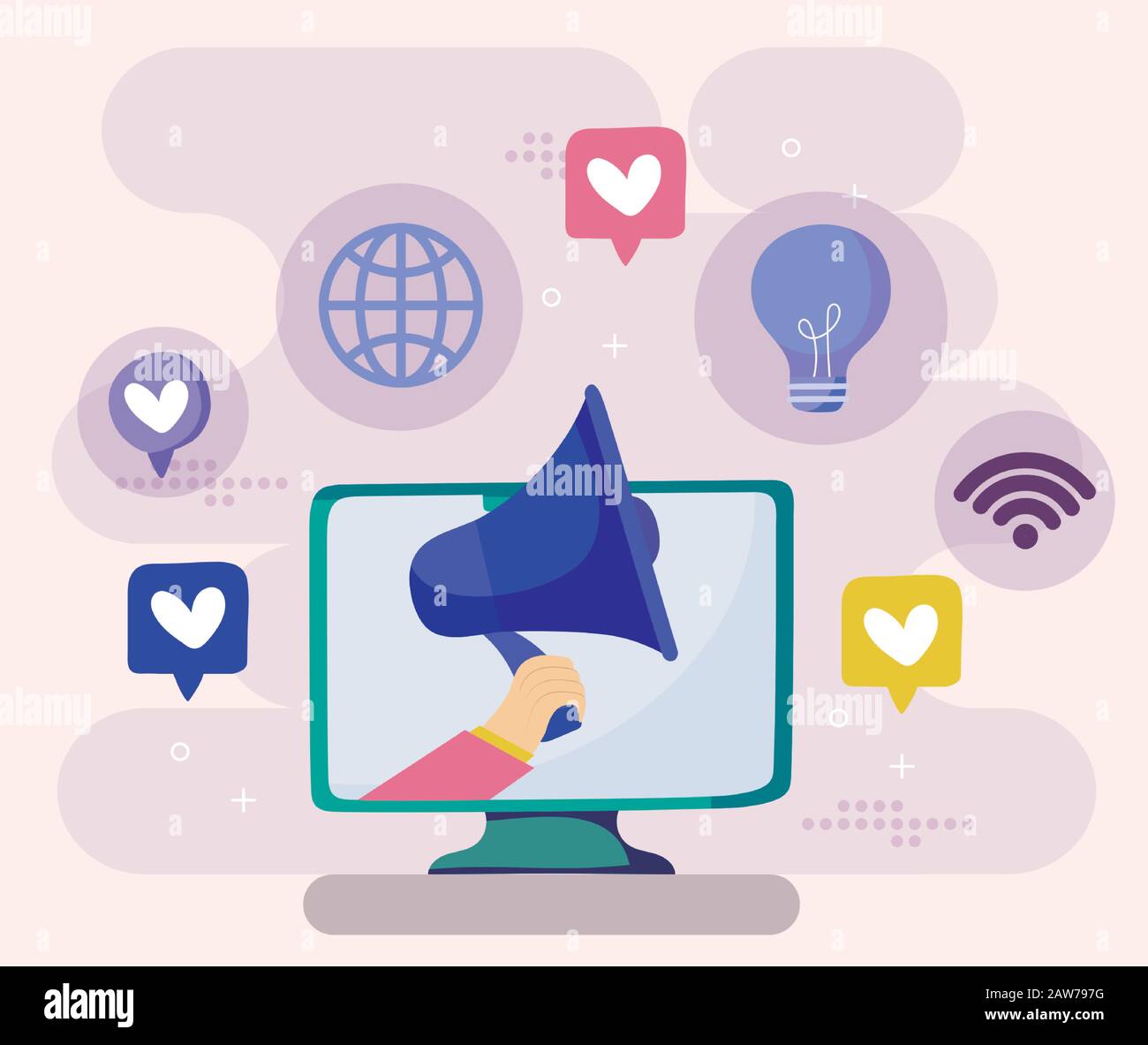 Computer and megaphone design, Social media multimedia communication ...