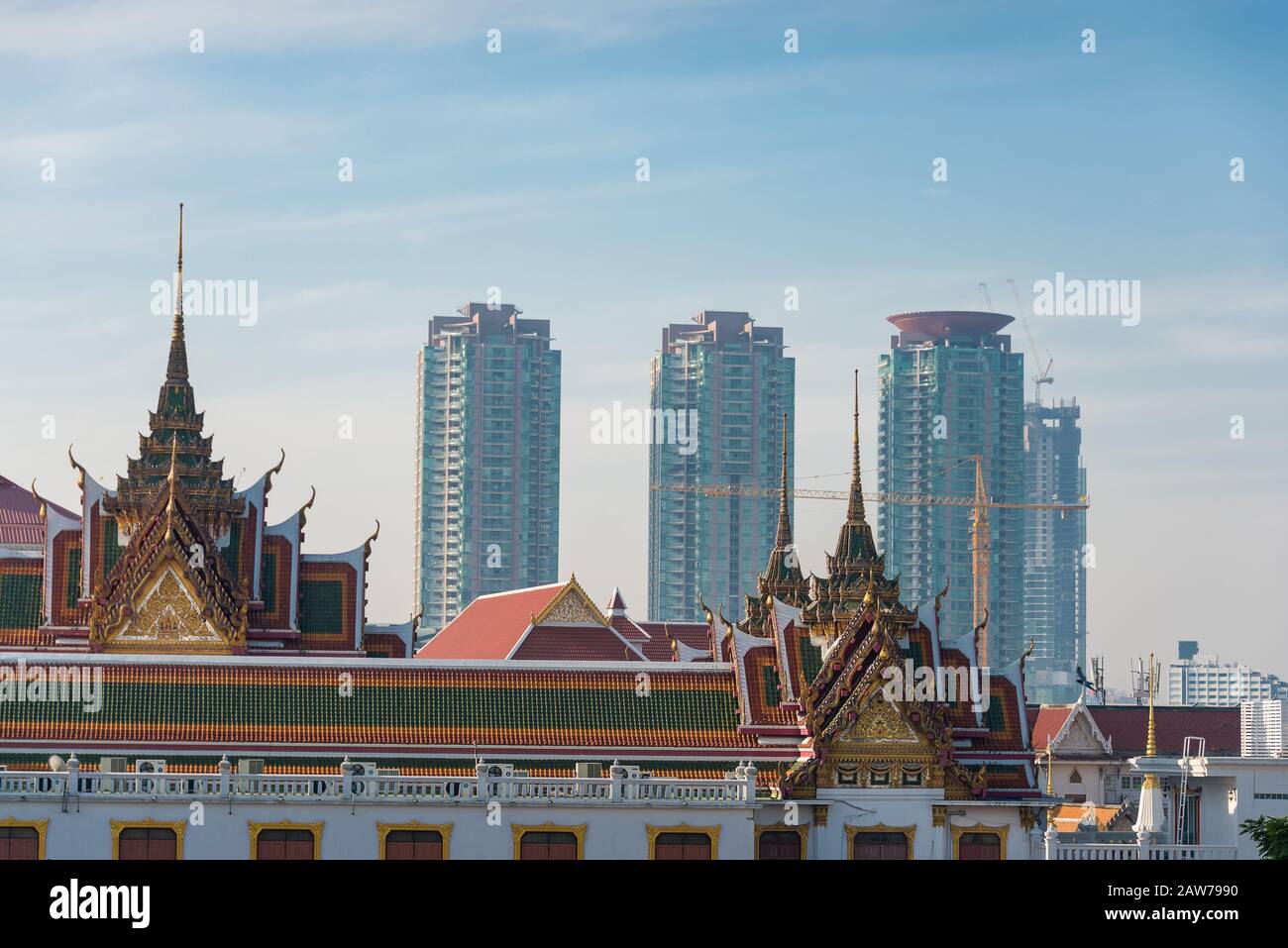 Bangkok contrasting city view of traditional roof building and modern ...