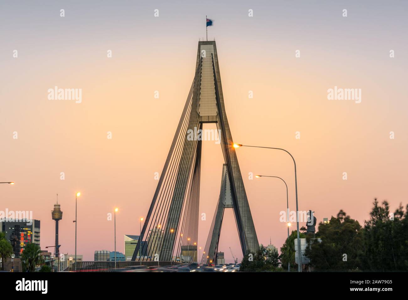 Anzac bridge structure with beautiful sunset sky on the background ...