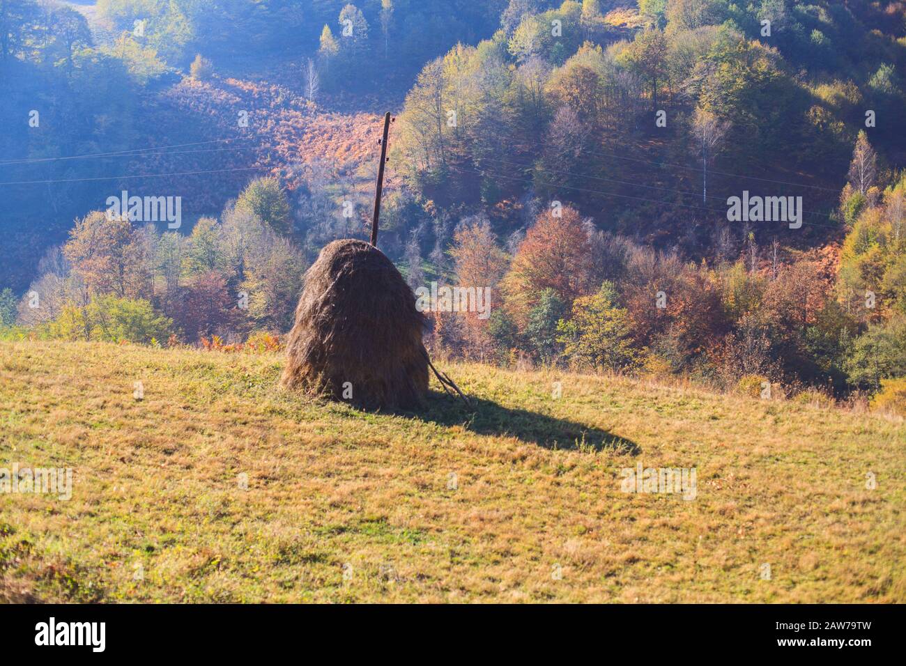 Rural autumn landscape. Traditional haystack in the fields. Beautiful ...