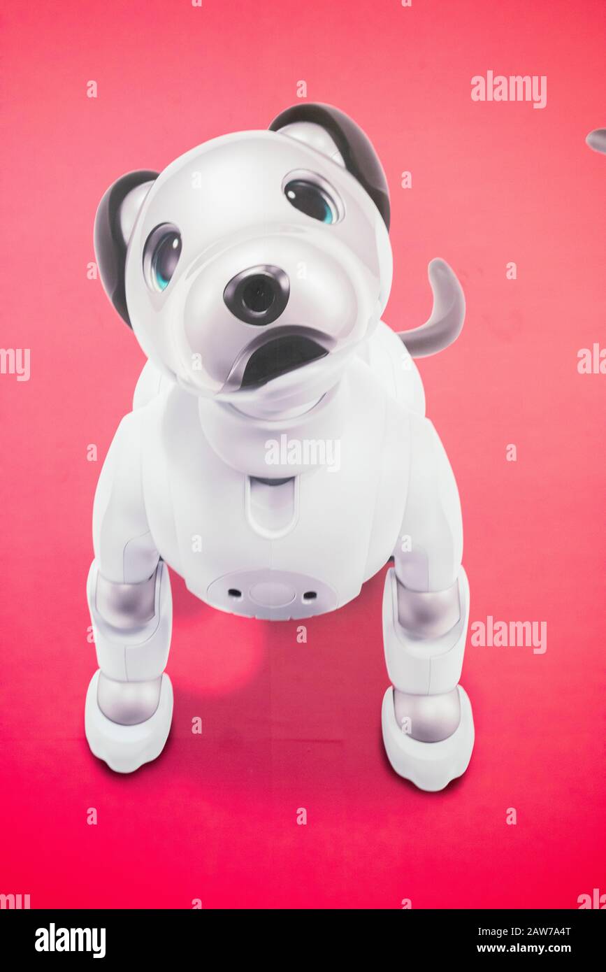 Shenzhen, China, April, 2019. AIBO robot poster on display at Sony Expo 2019. AIBO (stylized ...