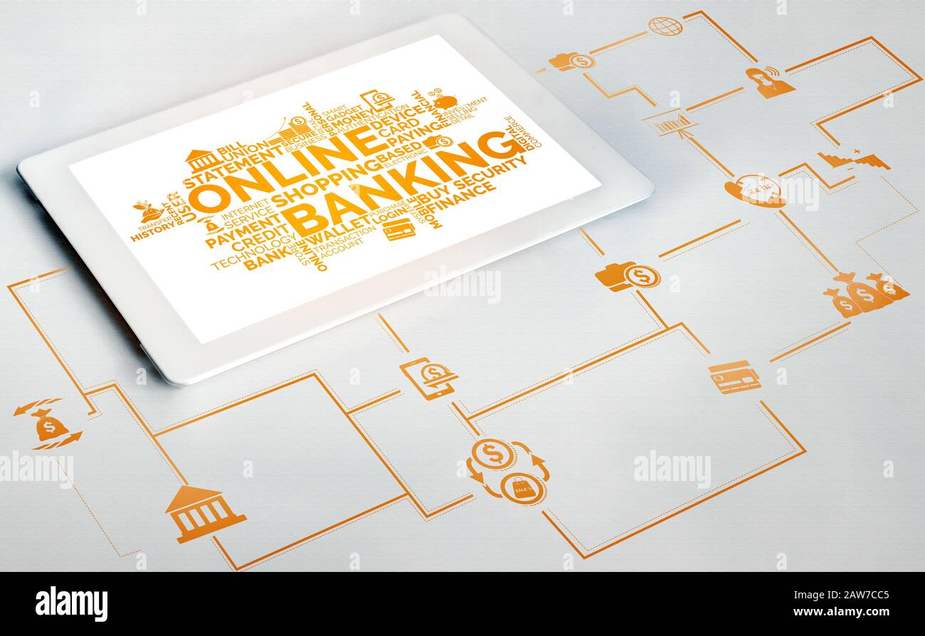 Computer with online banking application in tablet device connected to ...
