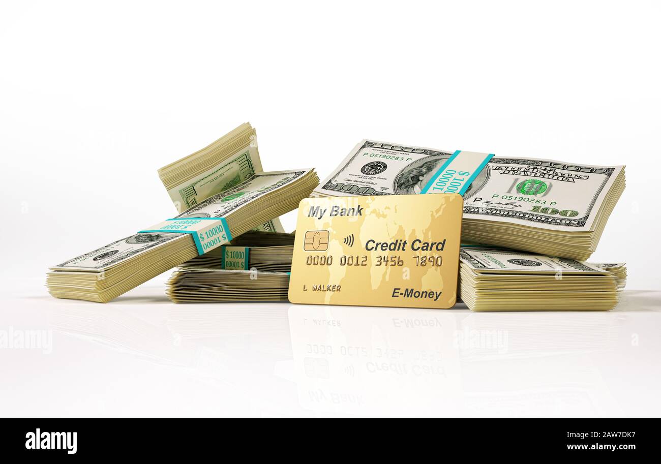 Money. Group of 100 USD banknotes wads and credit card. 3D illustration ...