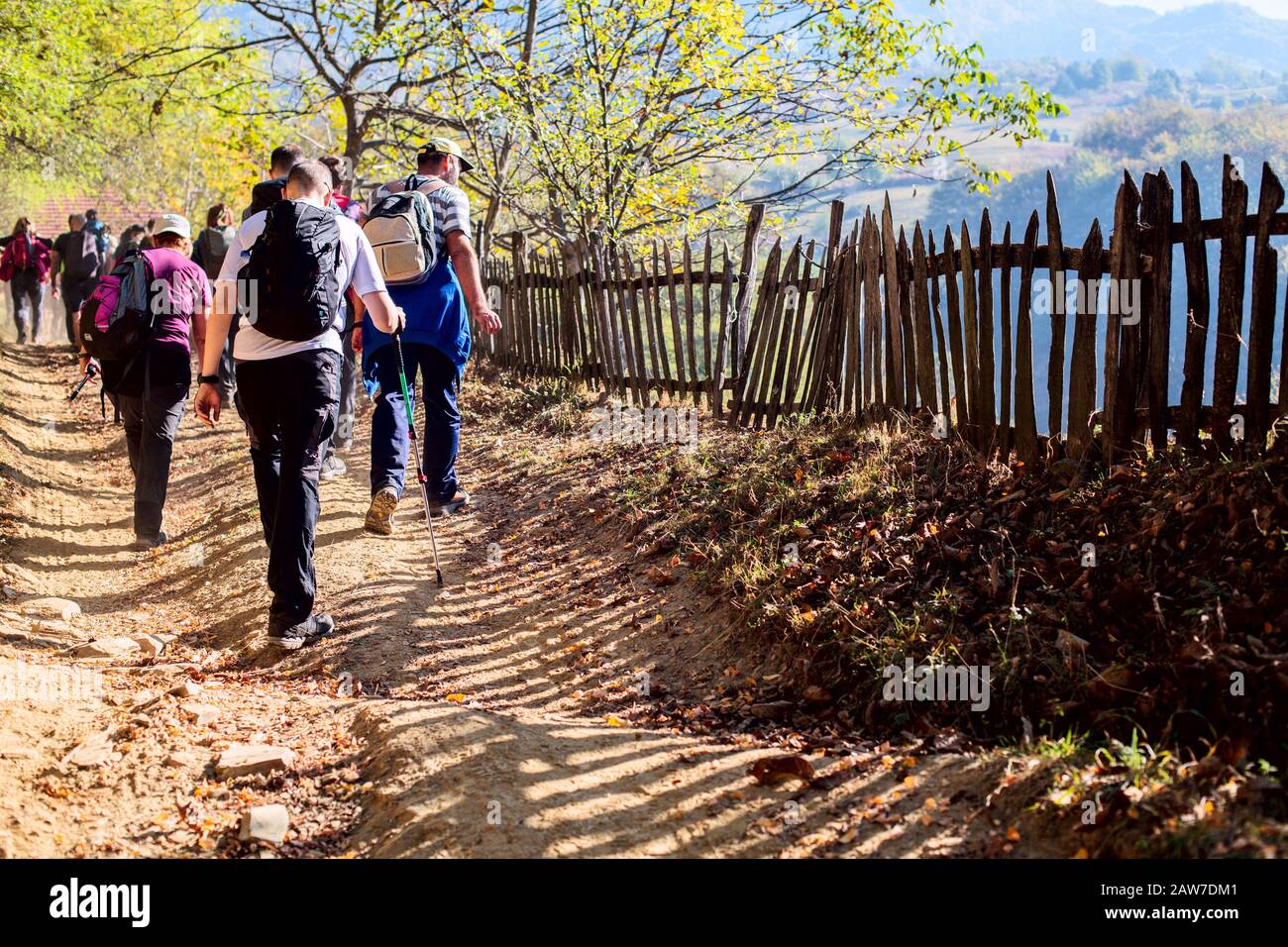 Group of active people with backpack walking on a rural road. Passing ...