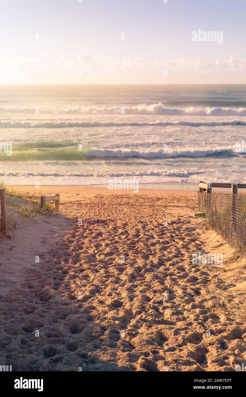 Entrance to the beach with beautiful ocean waves at sunrise. Summer ...