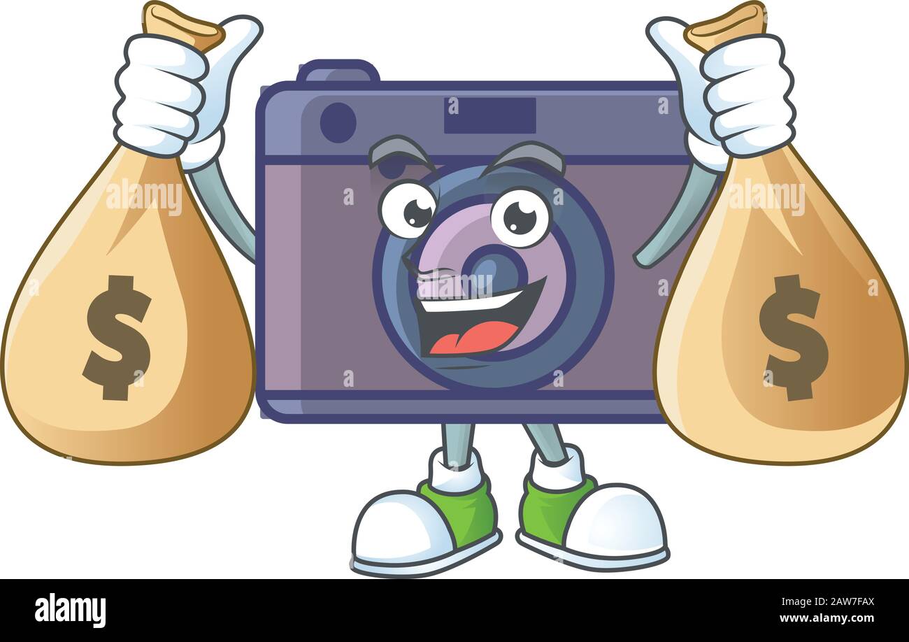 A cute image of retro camera cartoon character holding money bags Stock ...