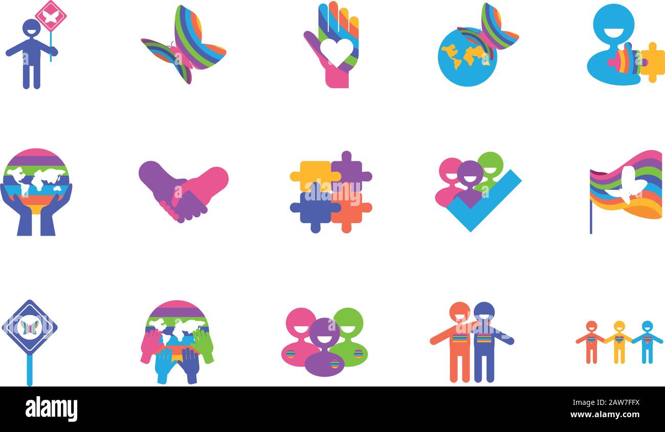 Icon set of zero discrimination day, flat style icons vector ...