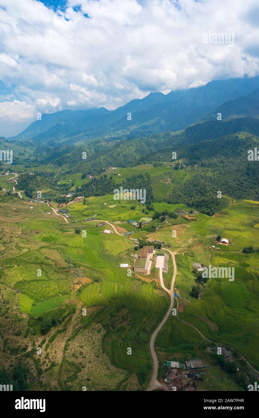 Aerial view of Sapa mountain valley with spectacular rice terraces ...