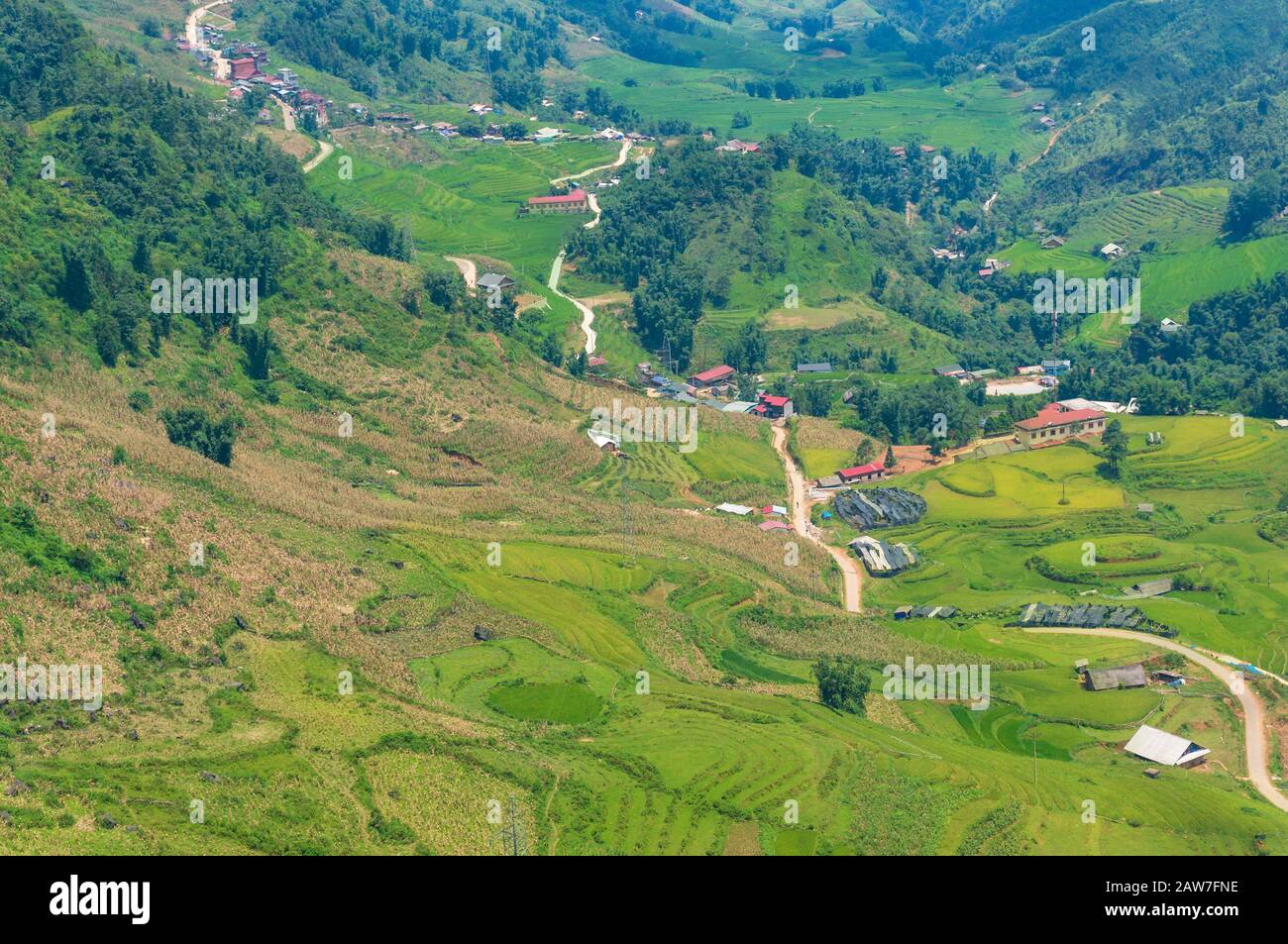 Sapa valley in Vietnam with rice terraces in mountain valley. Travel ...