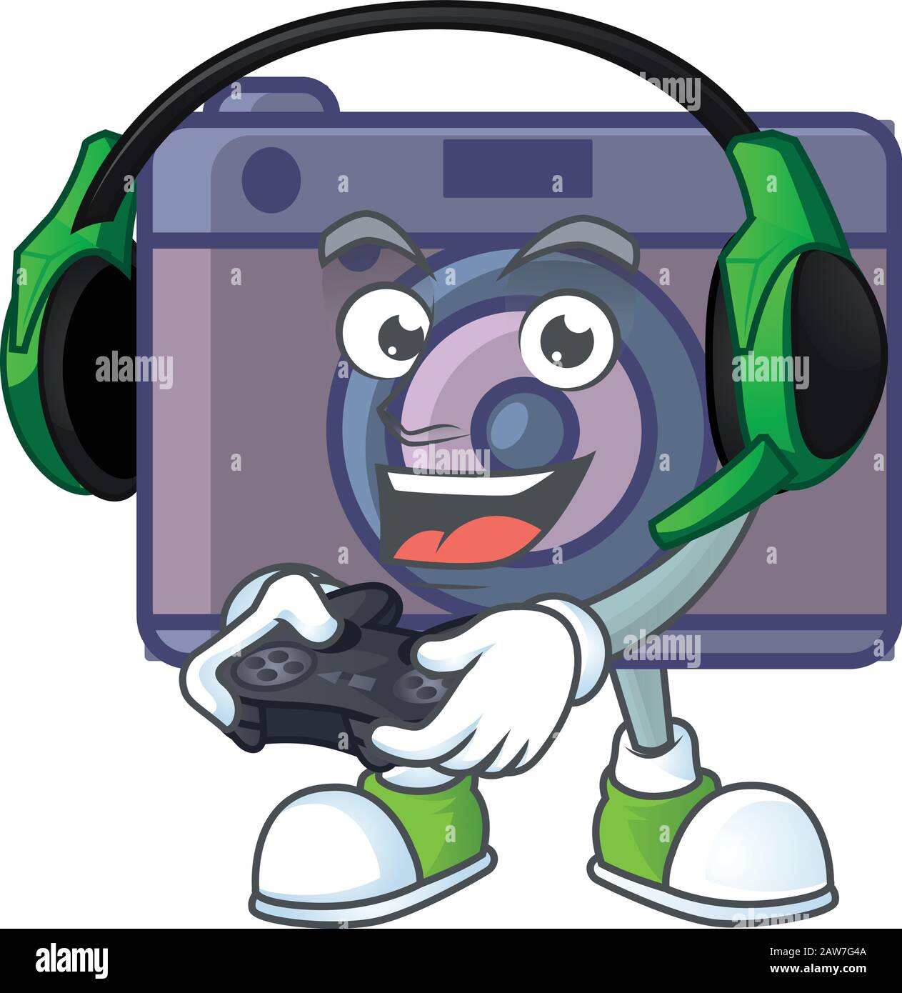 Retro camera cartoon picture play a game with headphone and controller ...