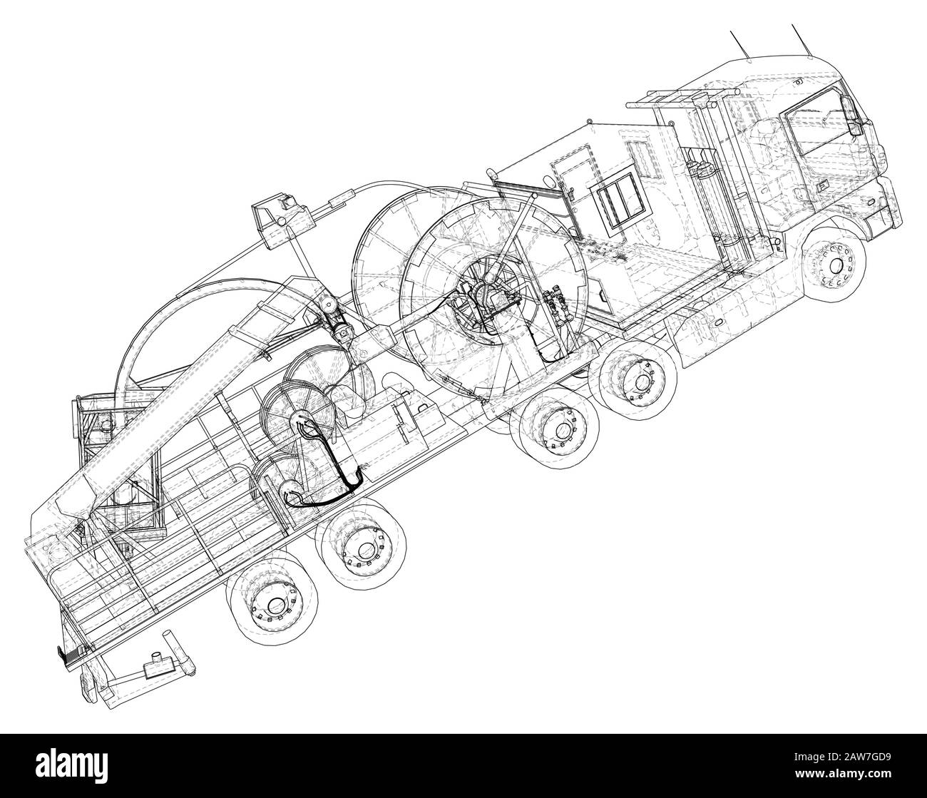 Wire-frame line coiled tubing truck isolated on white. Vector rendering ...