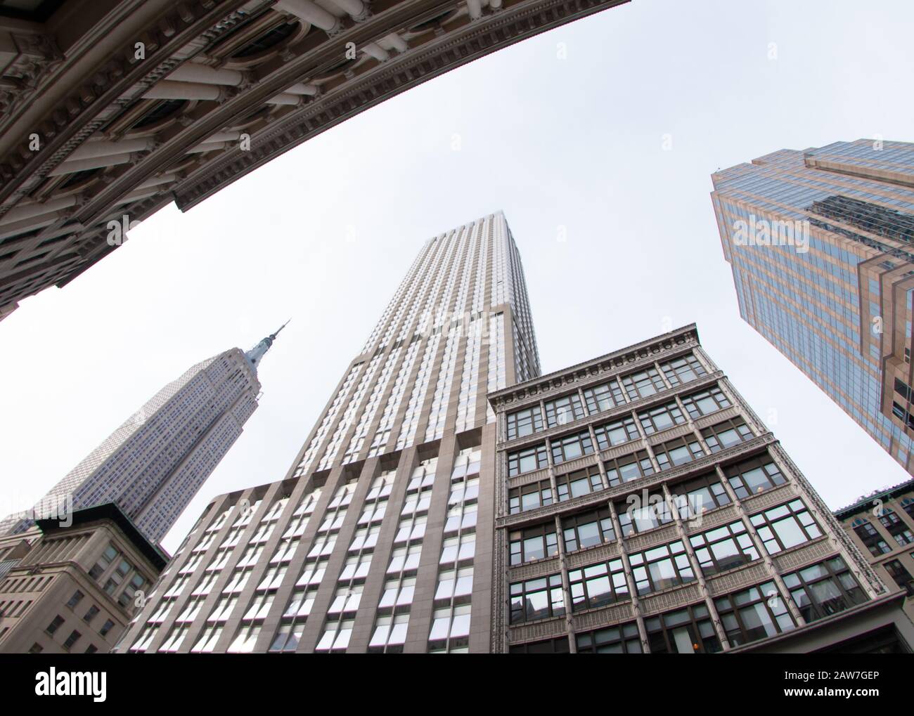 Wide angle shot of skyscrapers and Empire State Building from the road ...
