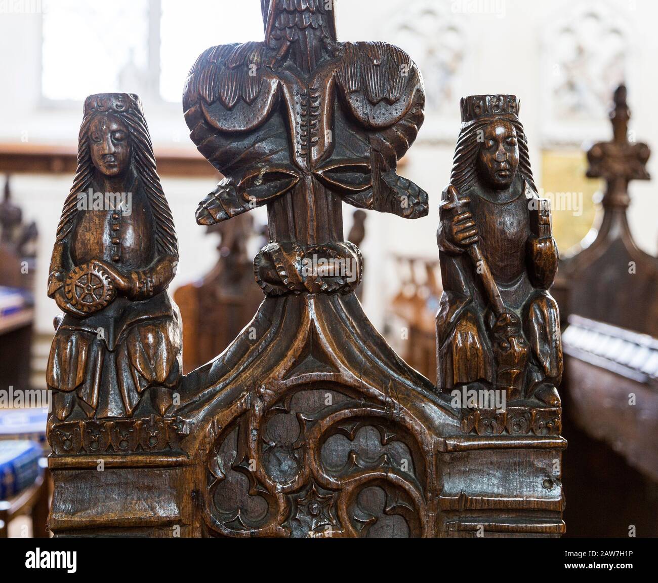 Saint Katherine and Saint Margaret, Fifteenth century carved wooden pew ...