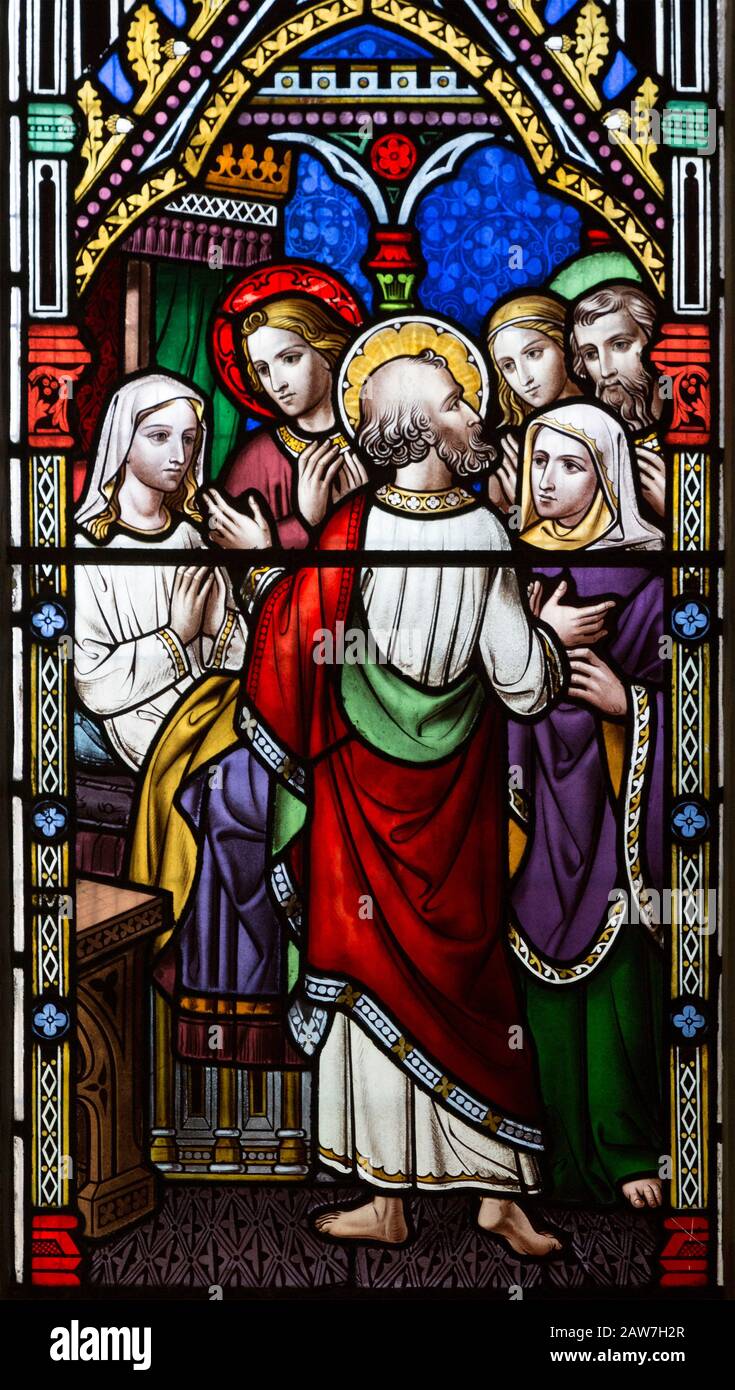 Victorian stained glass window depicting the Raising of Dorcas circa ...